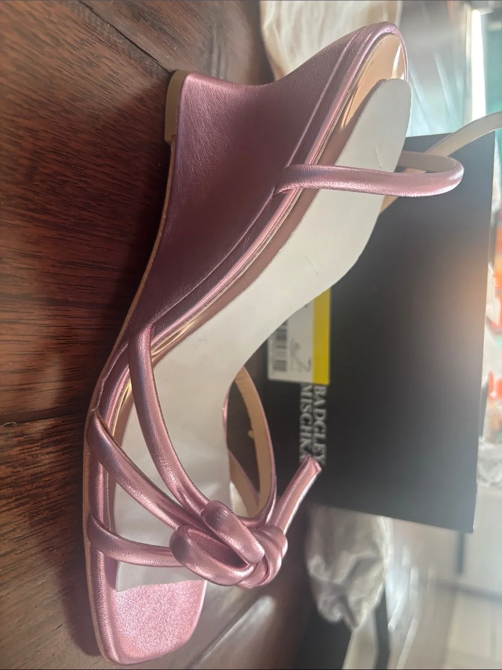 Badgley Mischka | Shoes | Badgley Mischka Metallic Pink Knotted Wedge ...